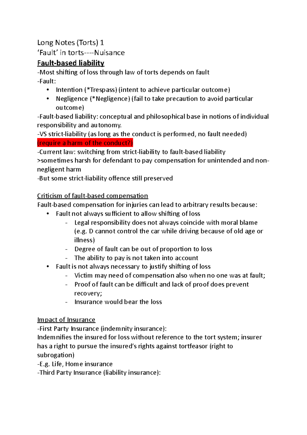 Long Notes 1 - Summary Torts - Long Notes (Torts) 1 in liability ...