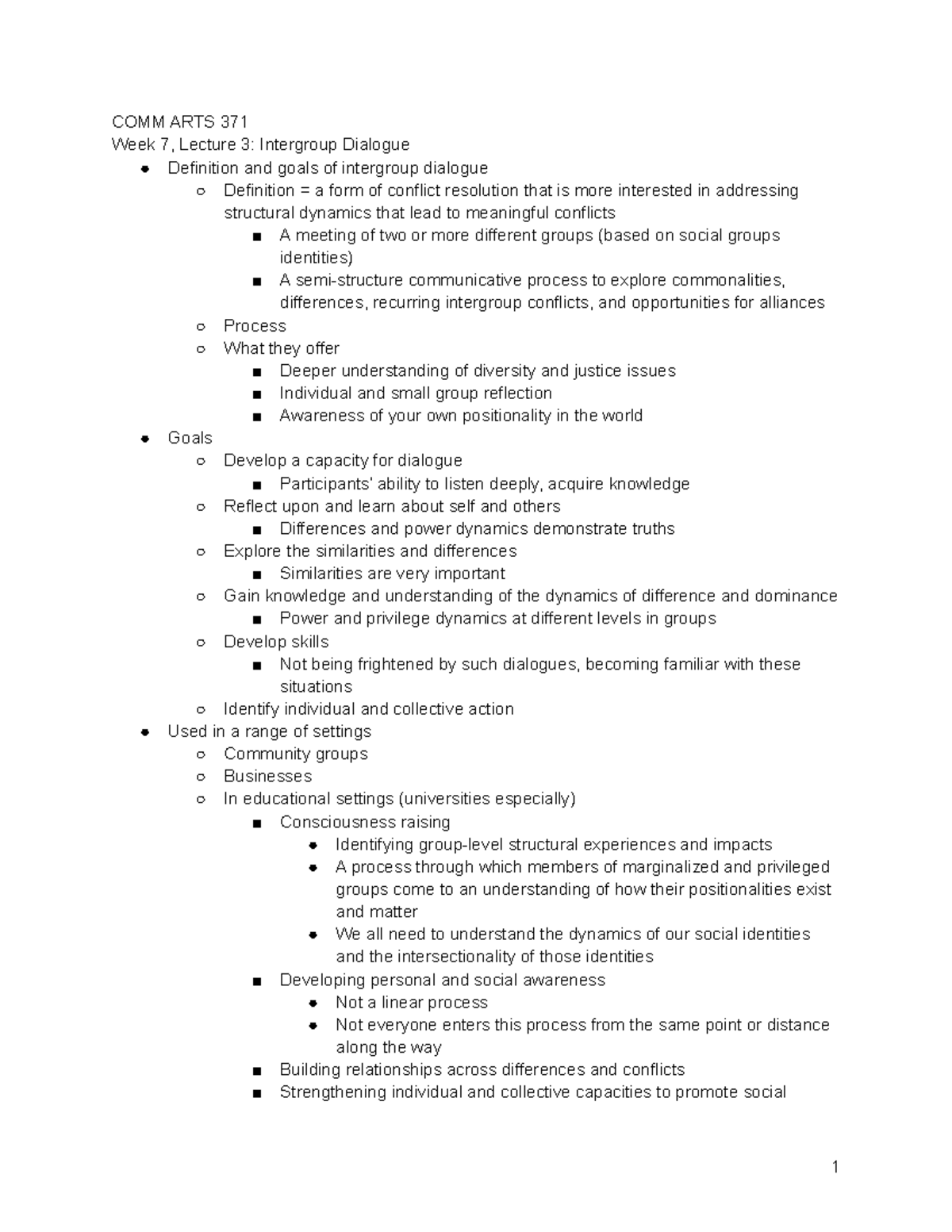 Lecture 17 - COMM ARTS 371 Week 7, Lecture 3: Intergroup Dialogue Definition and goals of - Studocu