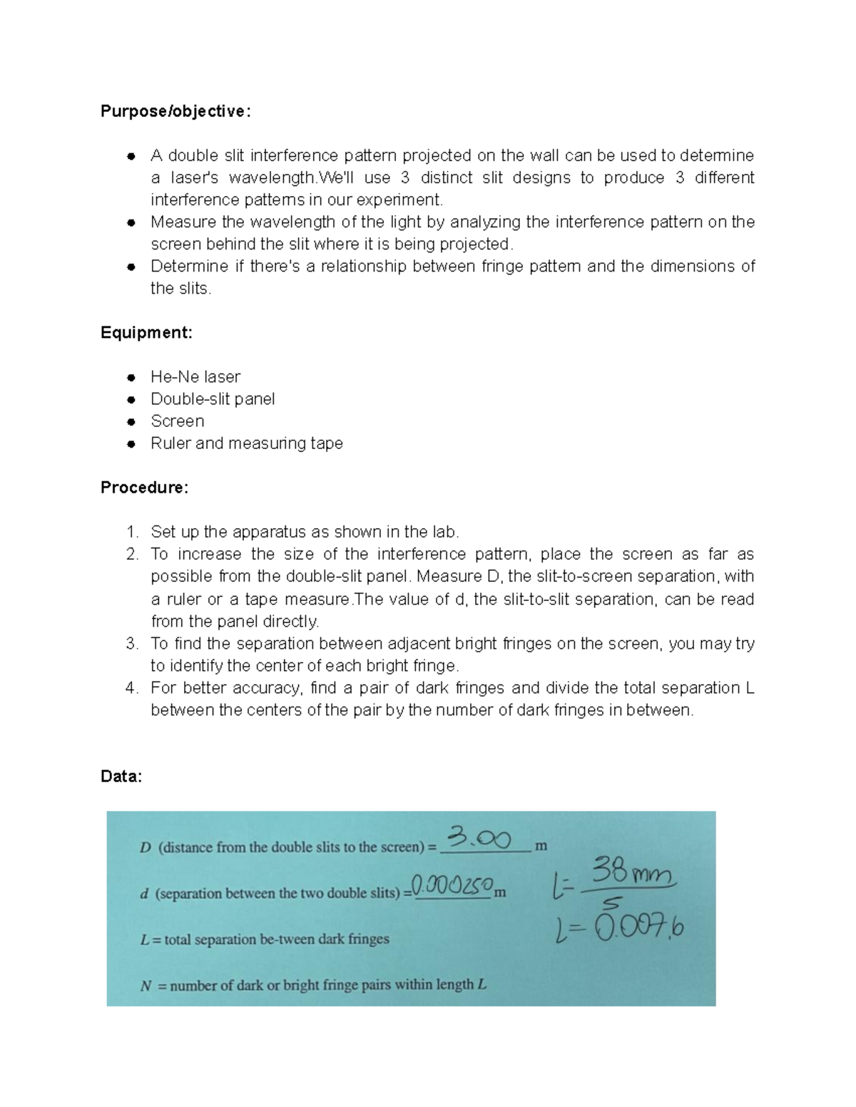Young's Double-slit interference laboratory report - A double slit ...