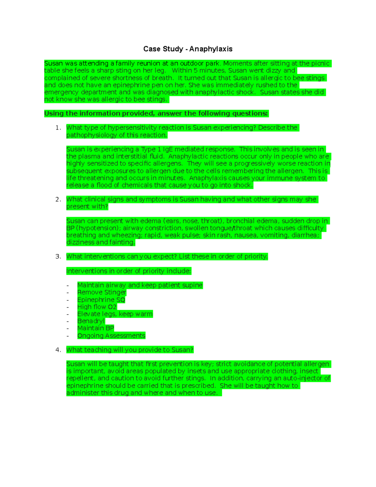 Case Study - Hypersensitivity:Anaphylaxis - Case Study - Anaphylaxis Susan was attending a ...