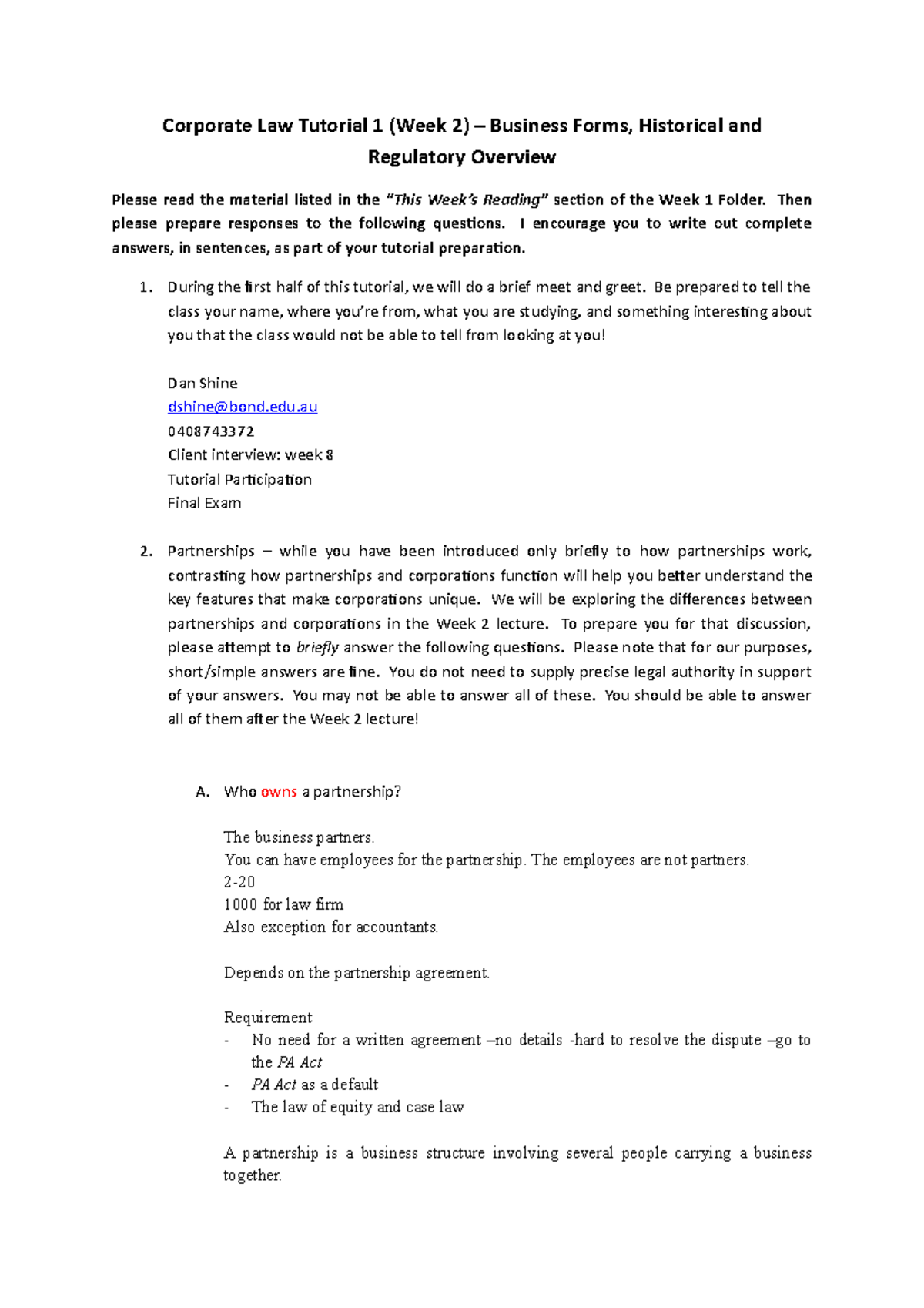 Corporate Law Tutorial 1 (Week 2) Intro to Corporate Law - Corporate Law Tutorial 1 (Week 2 ...