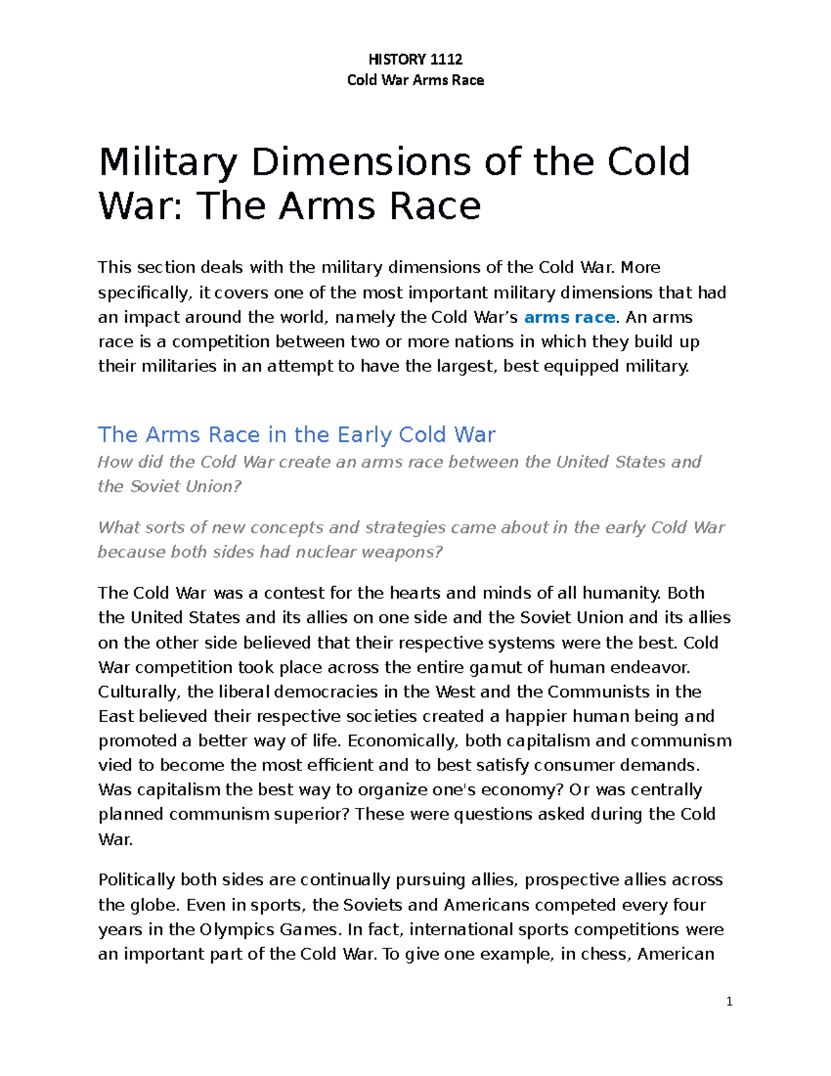 HIST 1112 - Cold War Arms Race - Cold War Arms Race Military Dimensions ...