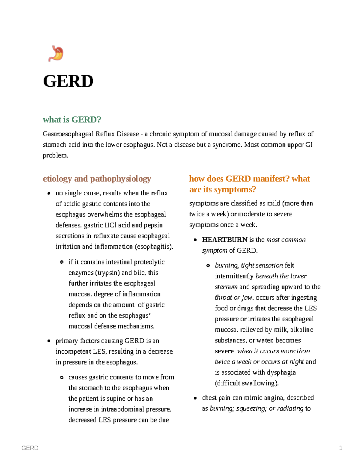 Exam 1 Notes - GERD 1 GERD what is GERD? Gastroesophageal Reflux ...