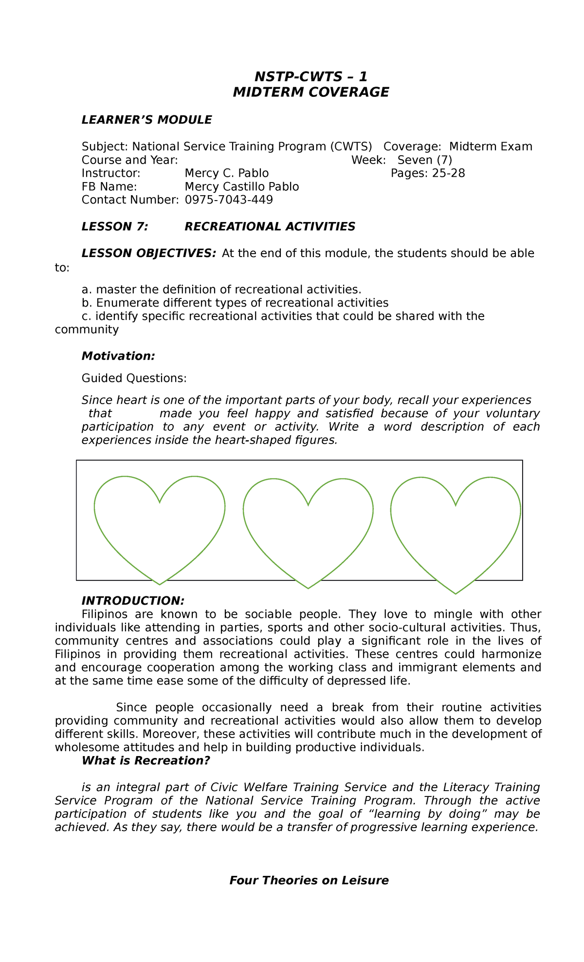Midterm- Coverage - NSTP-CWTS – 1 MIDTERM COVERAGE LEARNER’S MODULE Subject: National Service ...