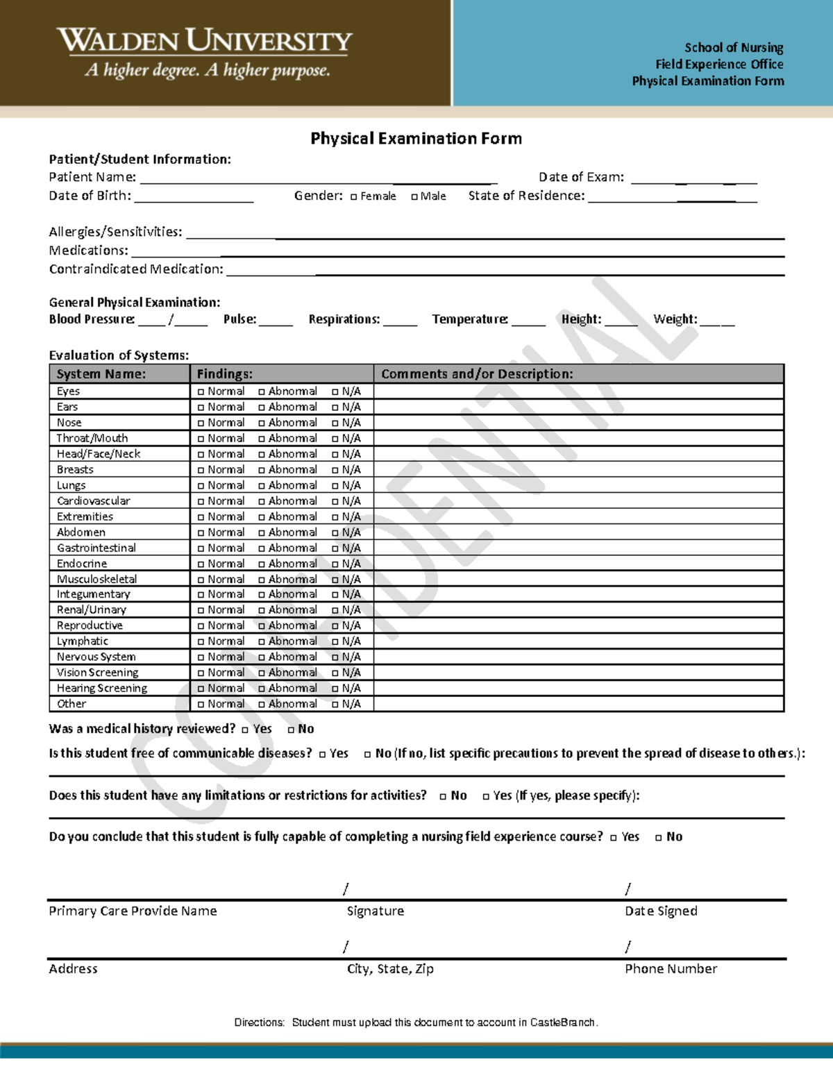 Physical Examination Form - School of Nursing Field Experience Office ...