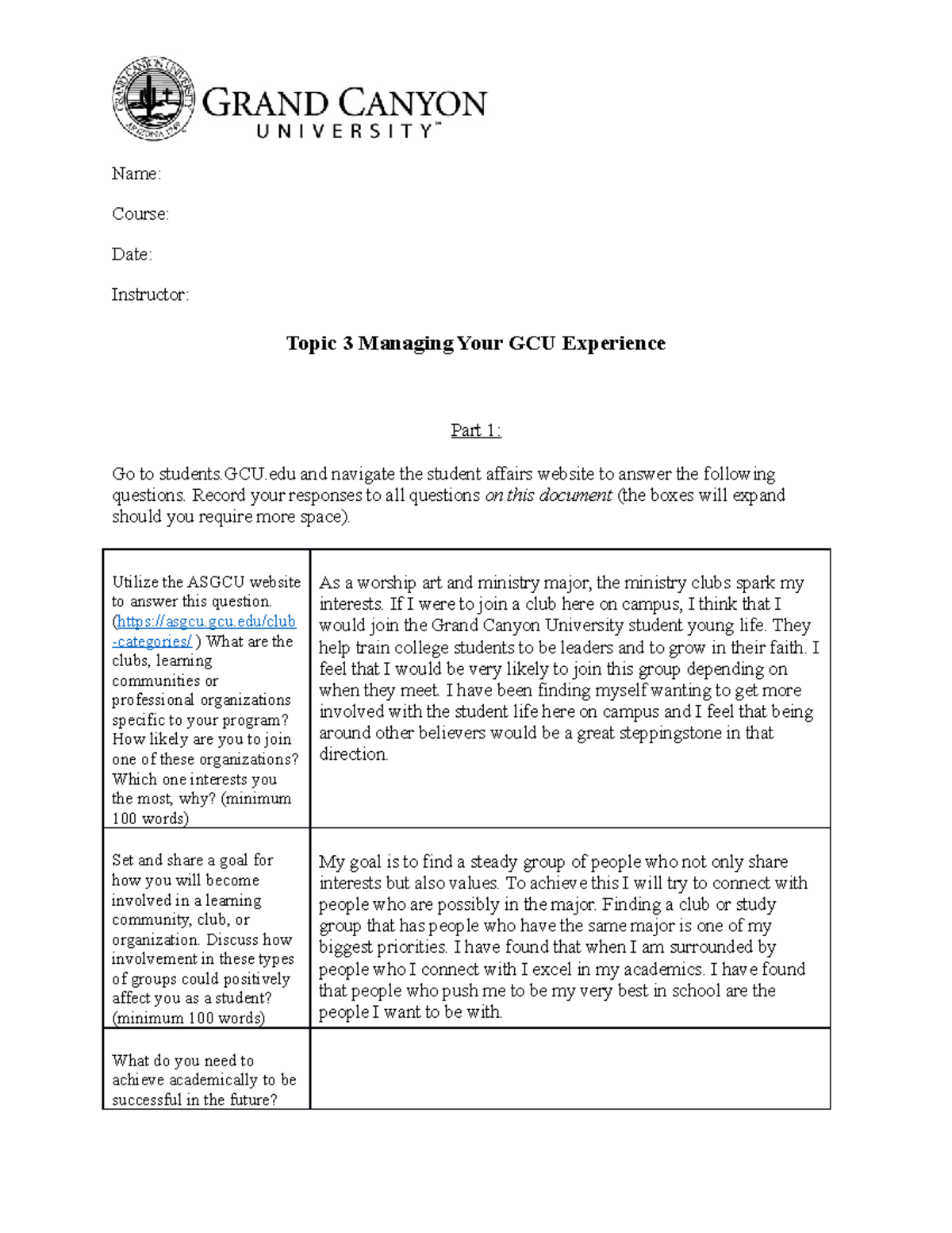 UNV103 T3 Your GCU Experience TO - Name: Course: Date: Instructor ...