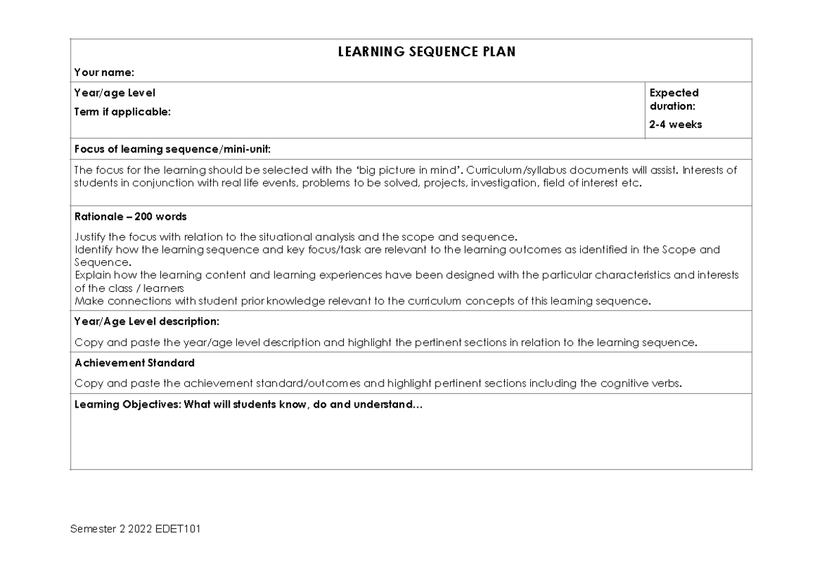 Learning Sequence Planning Template EDET101 Sem 2 2022 - LEARNING ...