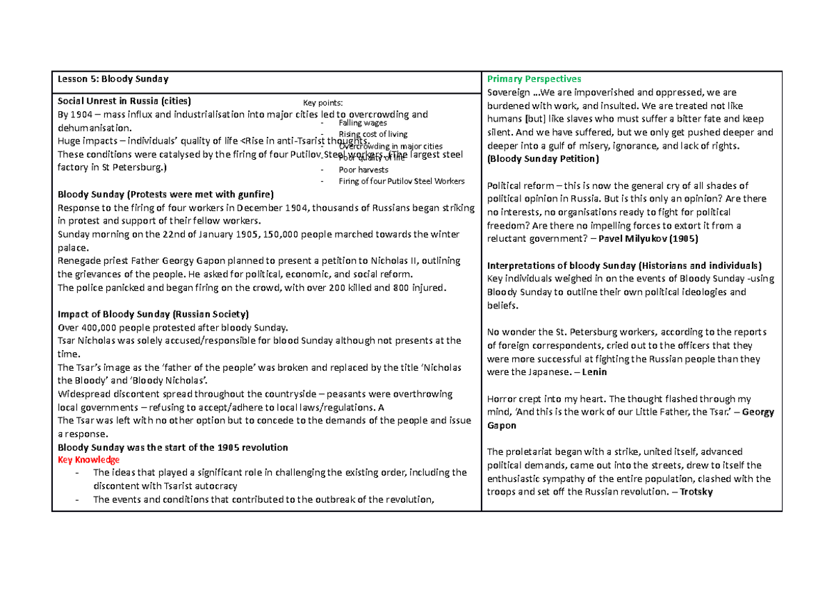 Lesson 5 Bloody Sunday Notes - Lesson 5: Bloody Sunday Primary ...