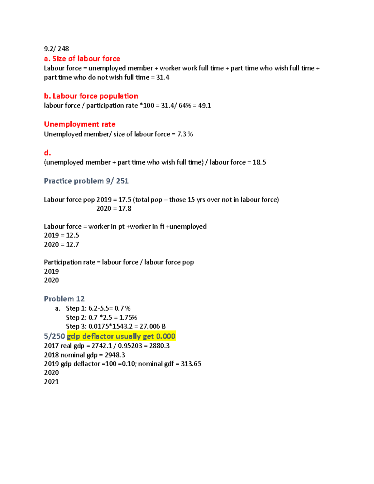 9.2 review docx - macro notes - 9/ 248 a. Size of labour force Labour ...