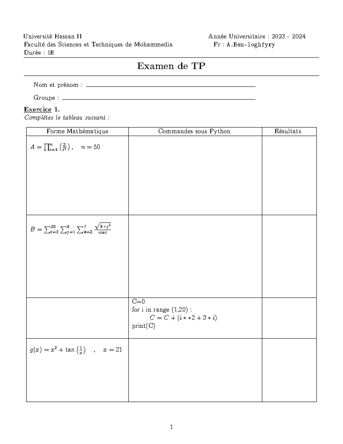 Exam 2 241107 014819 - Exam tp analyse numérique - Université Hassan II Année Universitaire ...