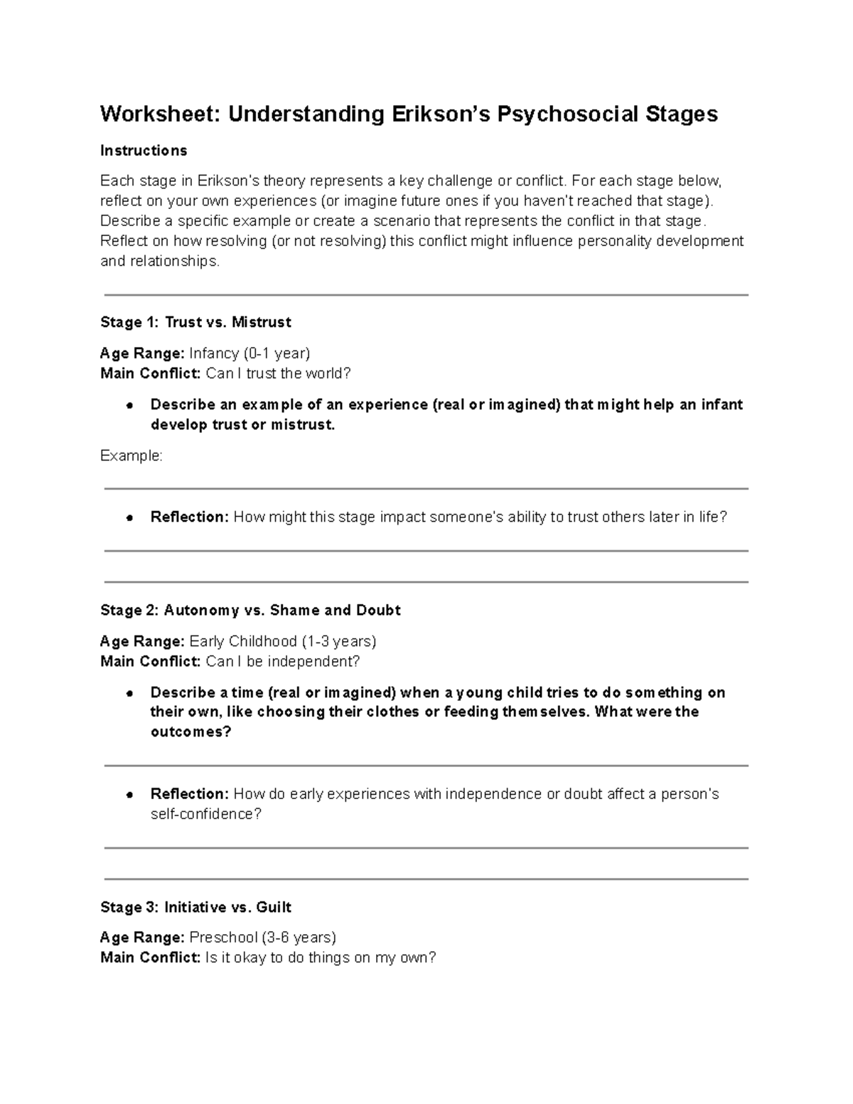 Worksheet. Understanding Erikson's Theory 1 - Worksheet: Understanding ...