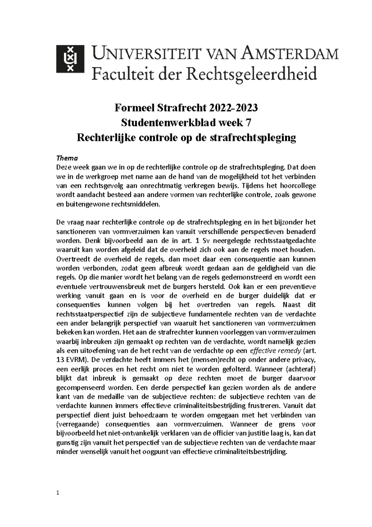 Studentenwerkblad week 7 Rechterlijke controle op de strafrechtspleging ...