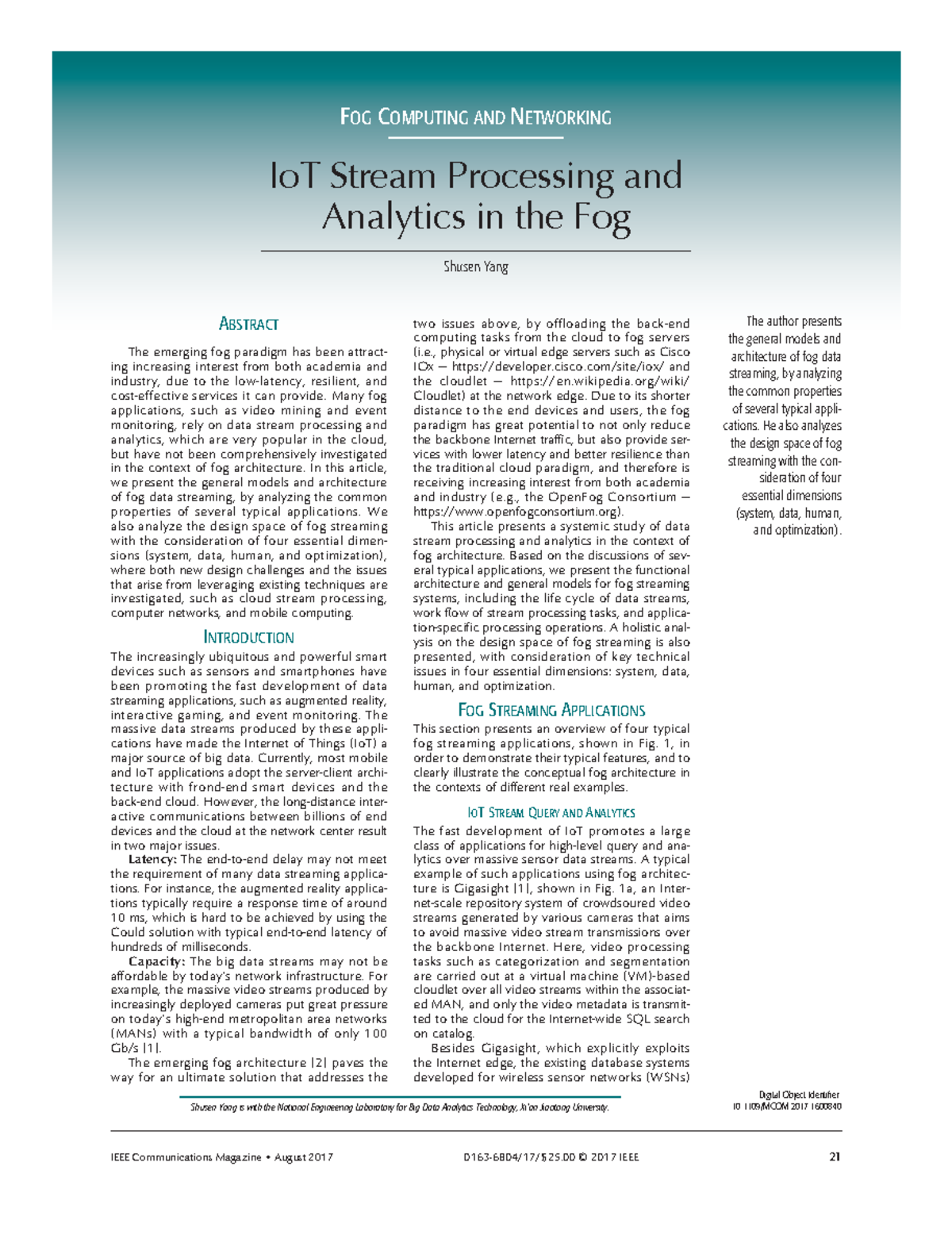 Iot Stream Processing And Analytics In The Fog Ieee Communications