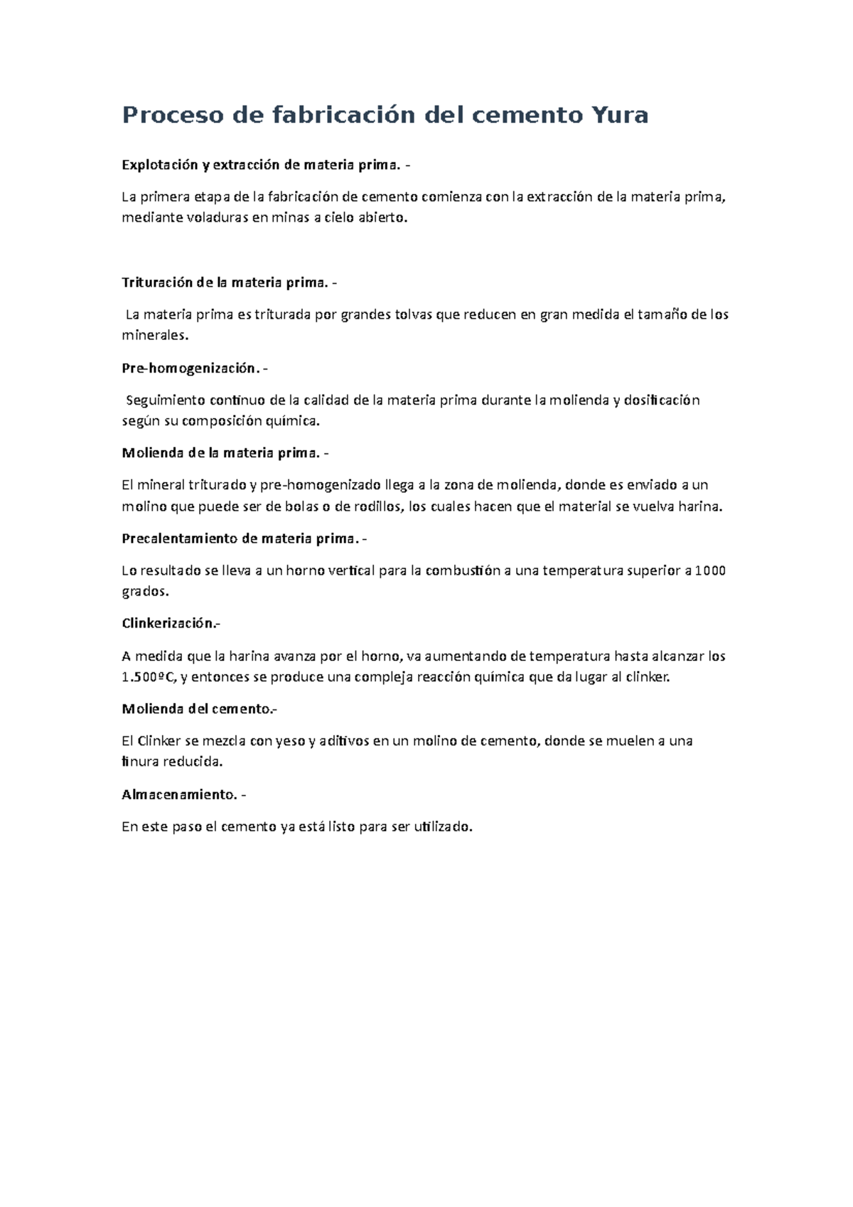 Proceso DE Fabricacion DEL Cemento YURA - Proceso de fabricación del cemento Yura Explotación y ...