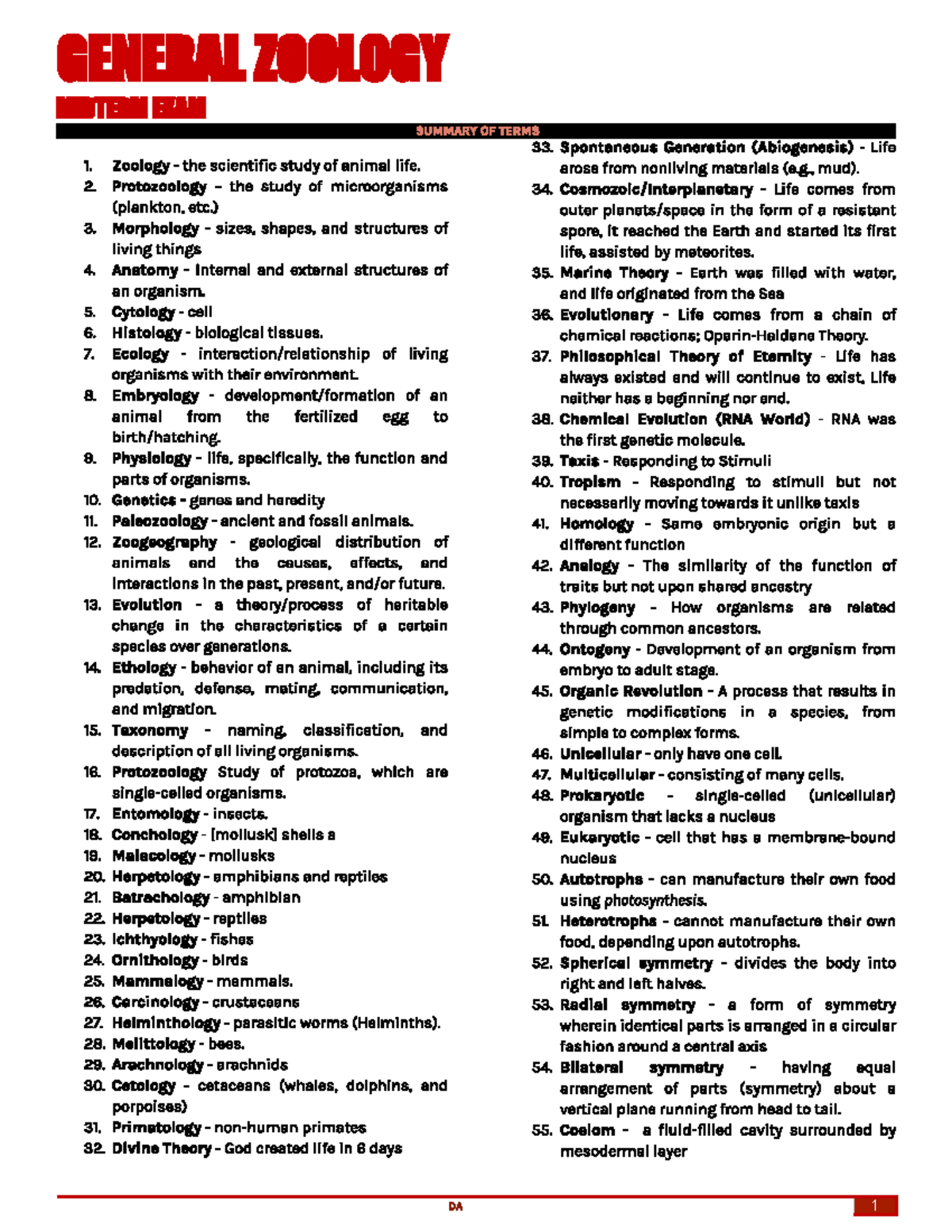 General Zoology Terms 1 - 1 GENERAL ZOOLOGY MIDTERM EXAM - Studocu