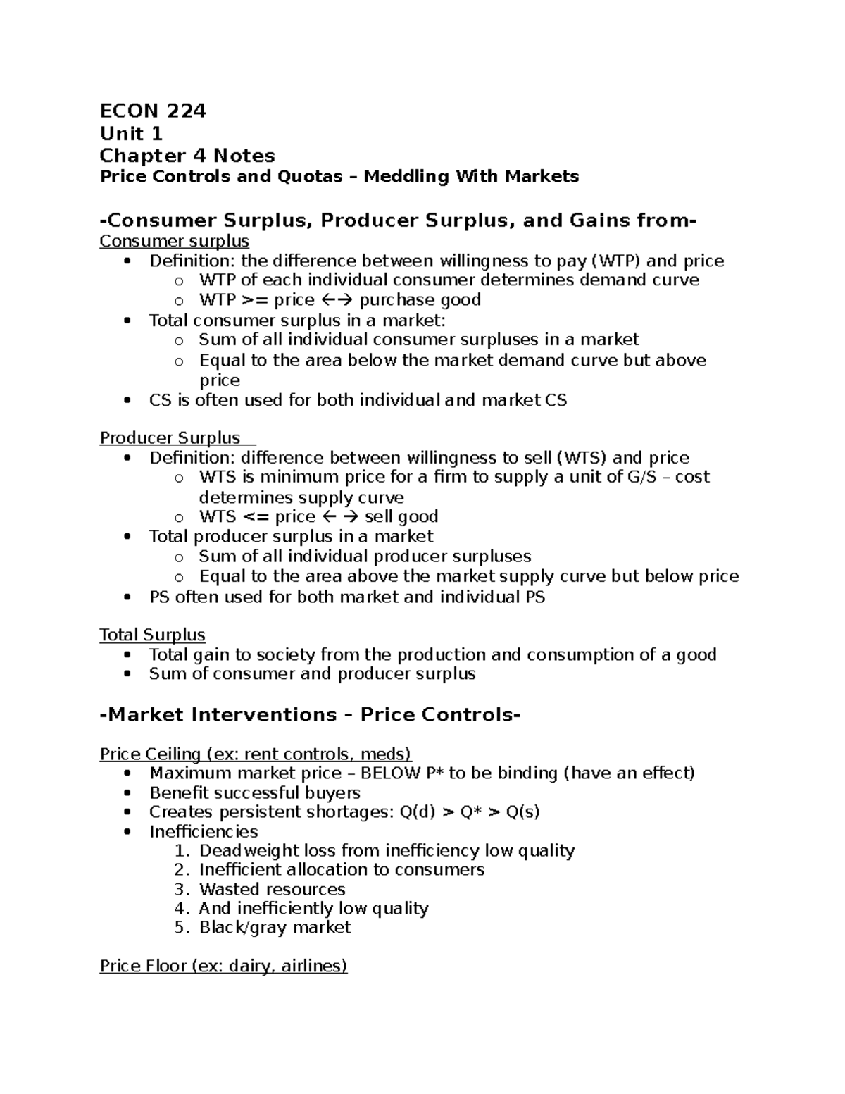 ECON 224 - Chapter 4 - Price Controls and Quotas - Meddling w/ Markets ...