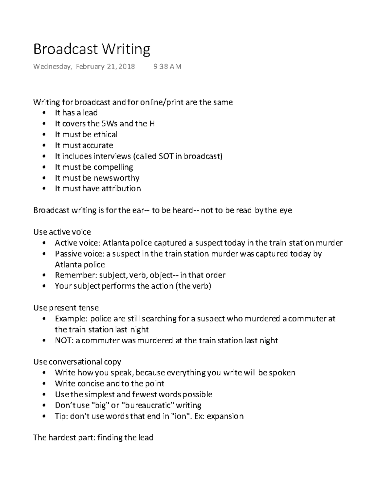 Jour lecture 7 - Broadcast Writing Wednesday, February 21, 2 018 9:38 A ...