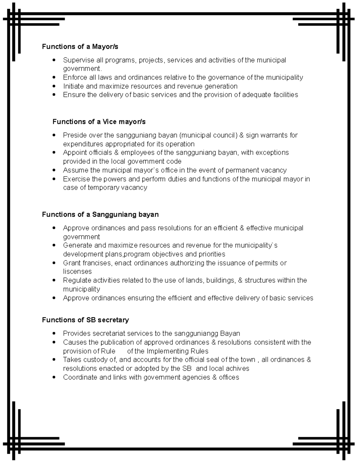 Functions of a mayor,vm, and sb - Functions of a Mayor/s Supervise all ...