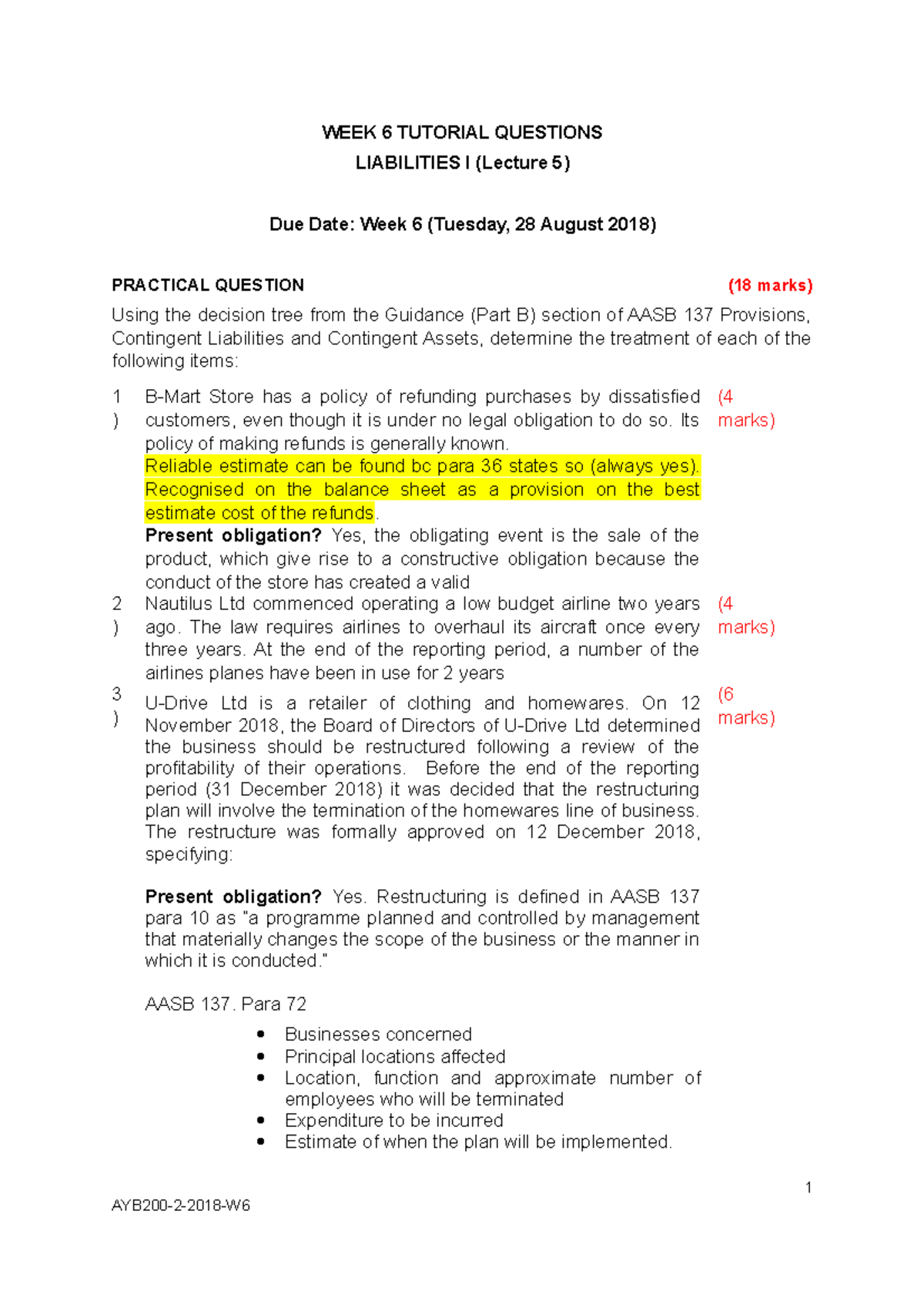 Ayb200 2 2018 W6 Tutorial Questions Week 6 Tutorial Questions Liabilities I Lecture 5 Due