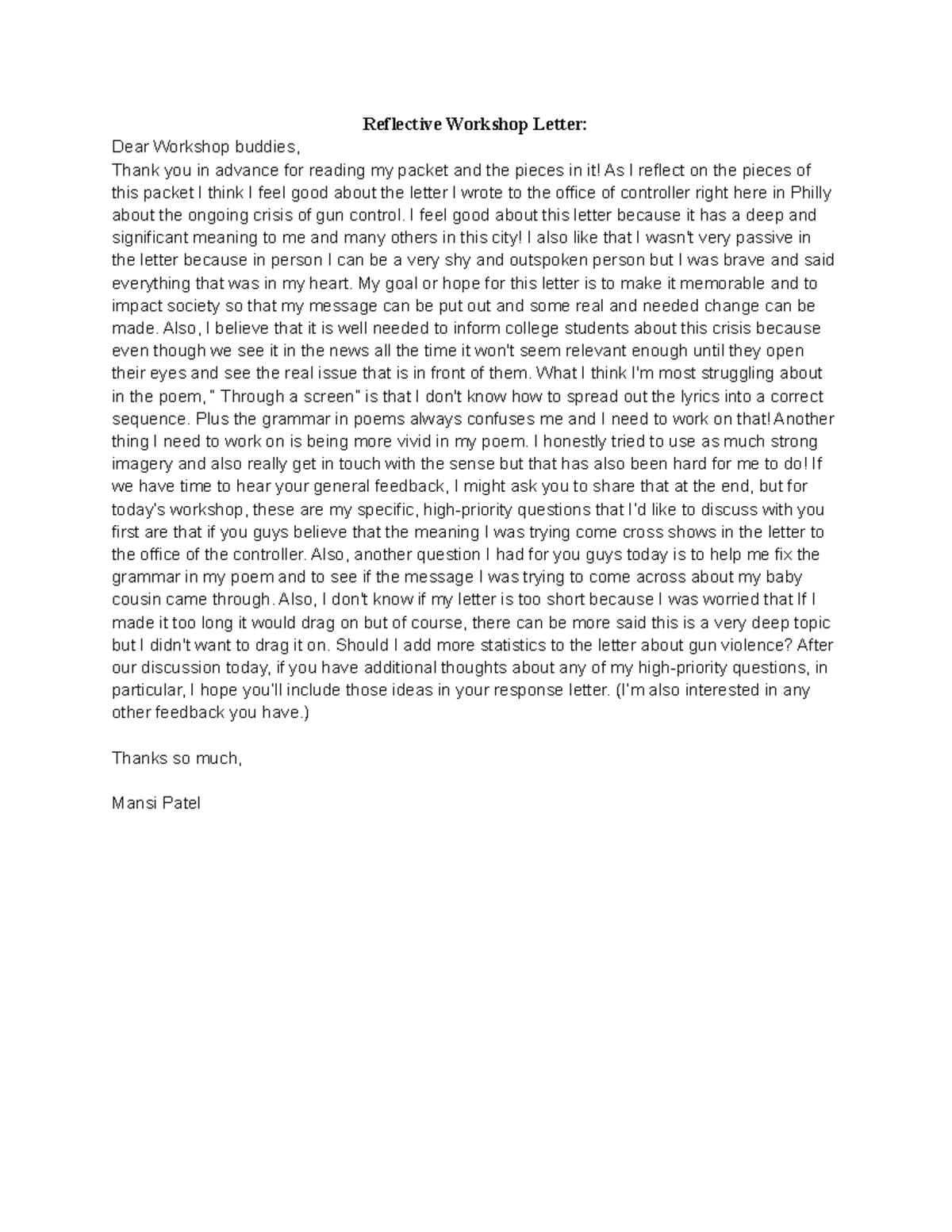 Reflective Workshop Letter - Reflective Workshop Letter: Dear Workshop ...