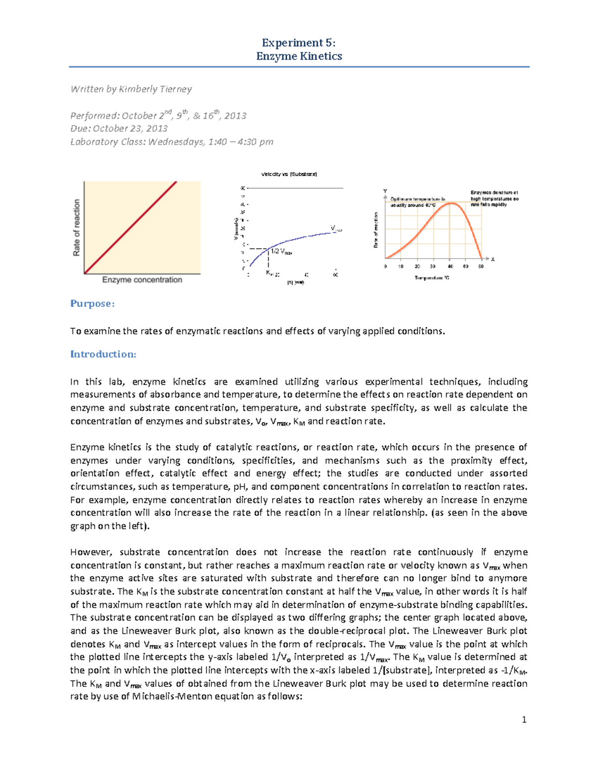 Biochem - lab report 5 - Experiment 5: Enzyme Kinetics Written by ...