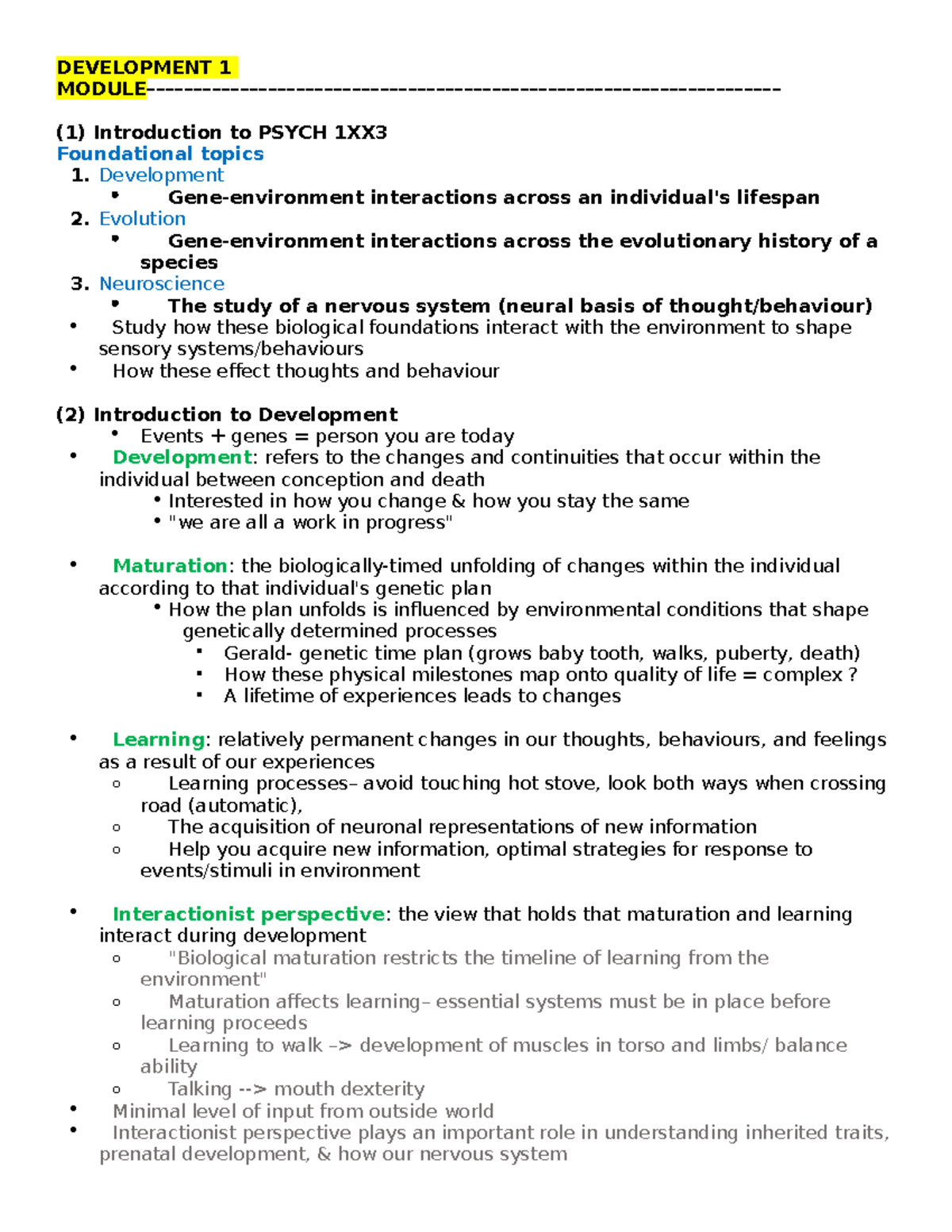 Psych 1xx3 Exam review notes (all modules) - DEVELOPMENT 1 - Studocu