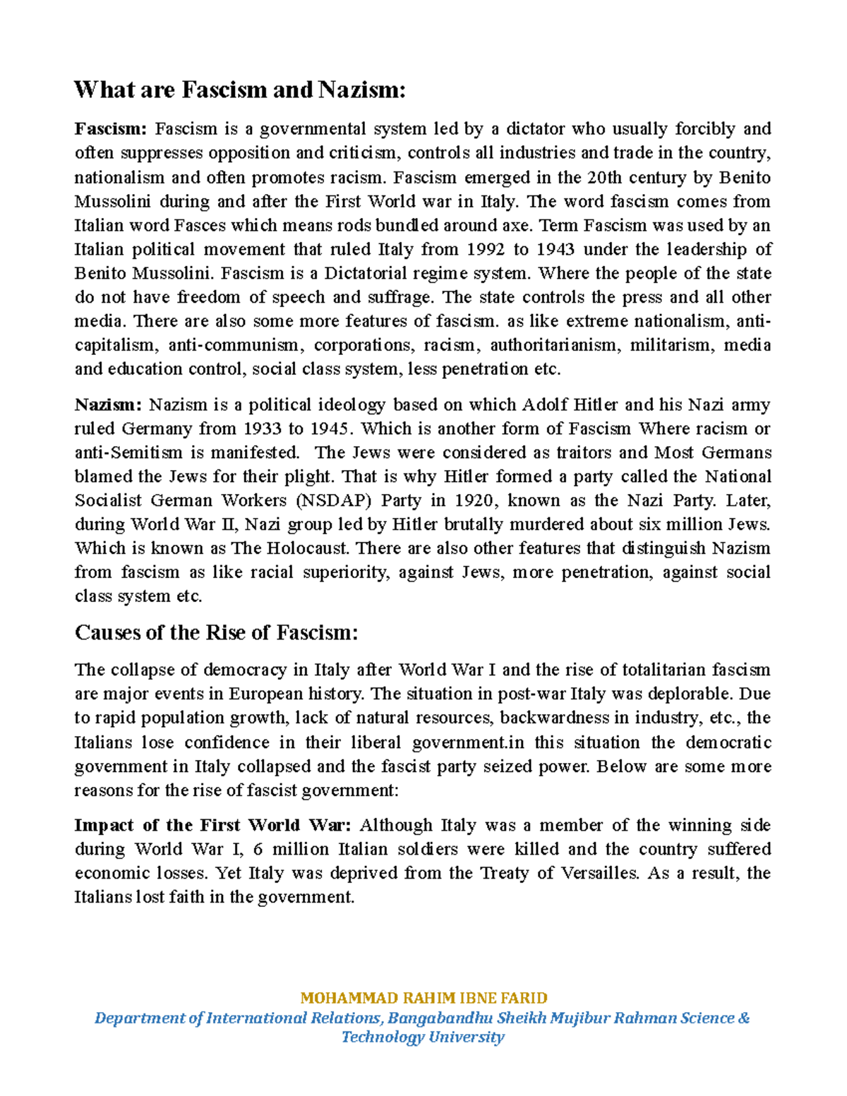 The Rise of Nazism and Fascism- The commencement of World War II and ...