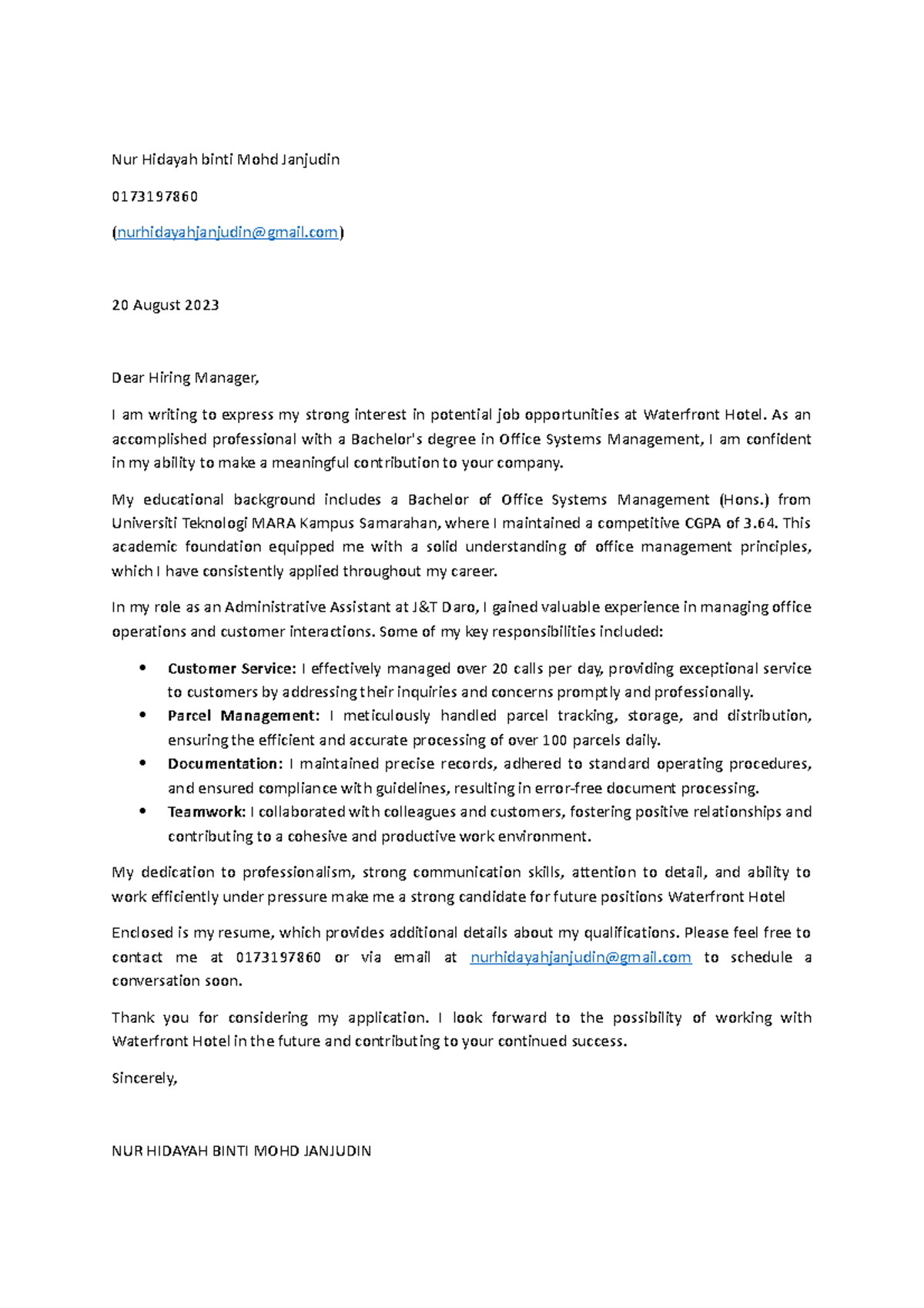 Example Cover Letter - Nur Hidayah binti Mohd Janjudin 0173197860 ...