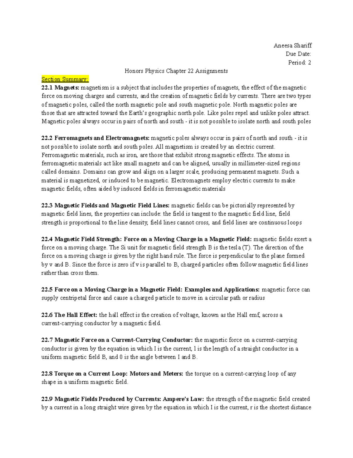Physics Chapter 22 Assignments - Aneesa Shariff Due Date: Period: 2 ...