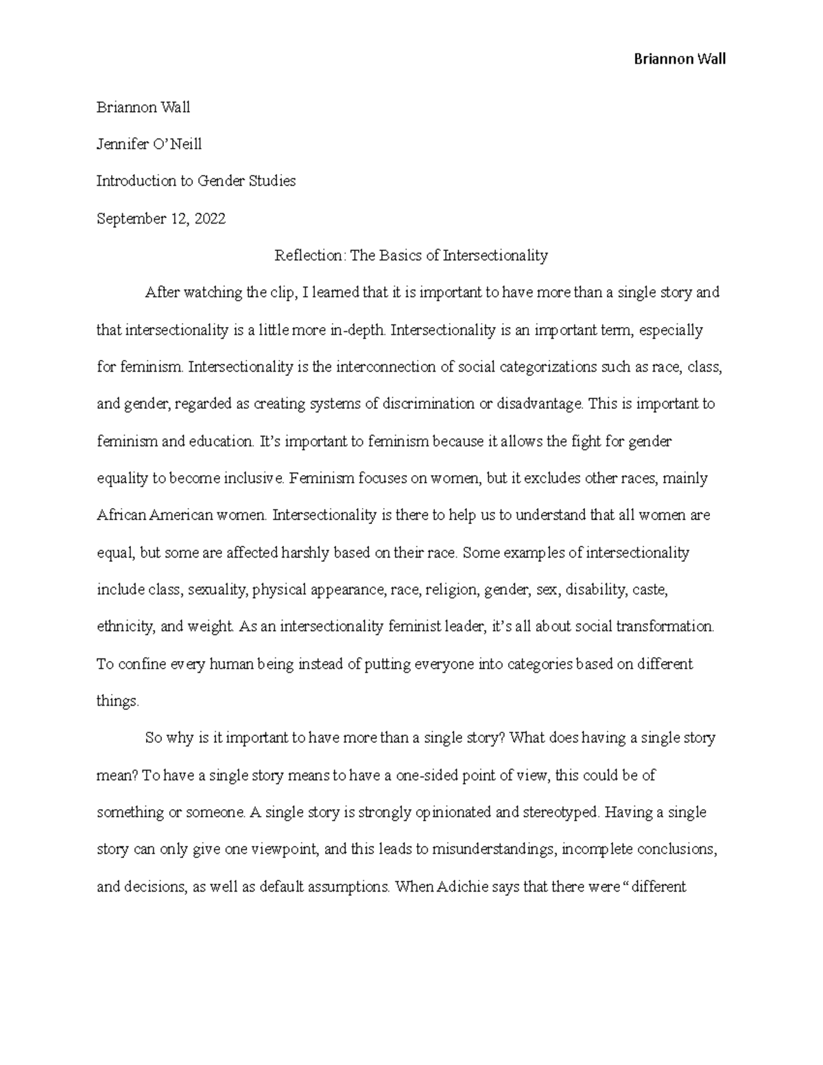 Reflection- The Basic of Intersectionality - Briannon Wall Briannon Wall Jennifer O’Neill - Studocu