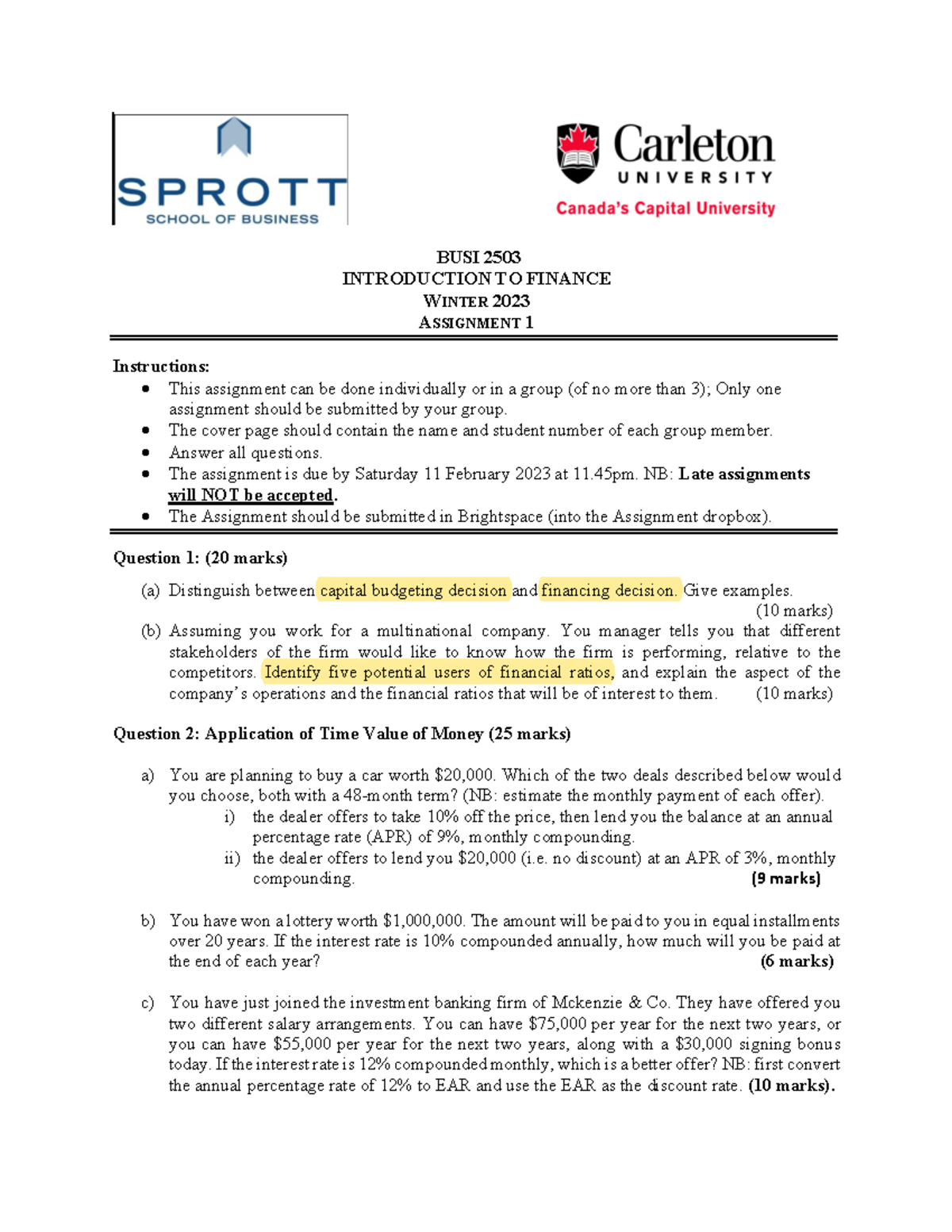 Assignment 1 - BUSI 2503 INTRODUCTION TO FINANCE WINTER 2023 ASSIGNMENT 1 Instructions: - This ...