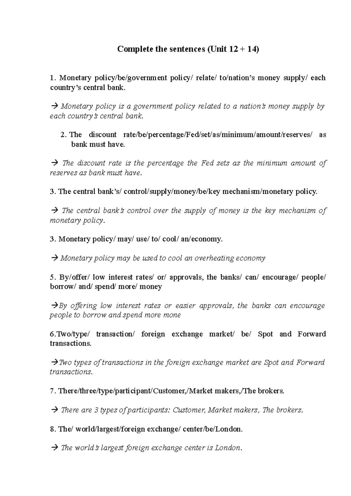 TACN1 Complete the sentences - Complete the sentences (Unit 12 + 14 ...