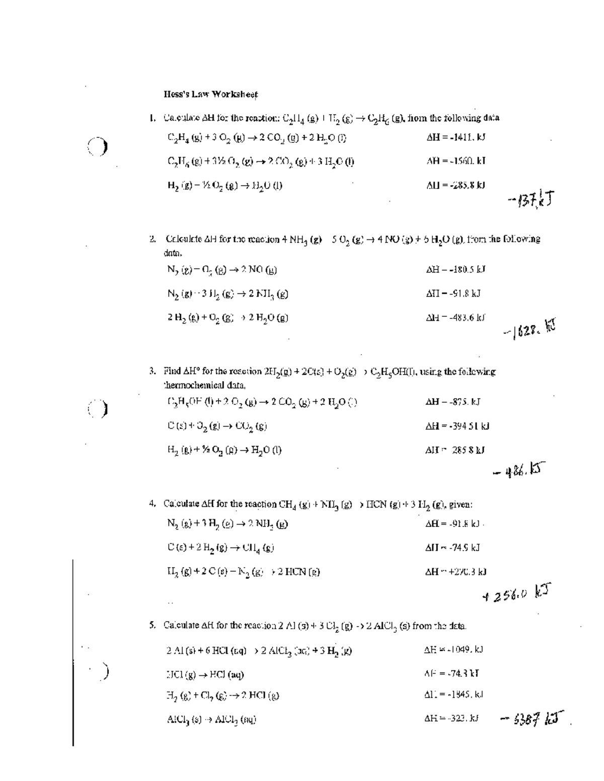 Hess' Law Worksheet - Hess' Law chemistry questions and answers - Studocu
