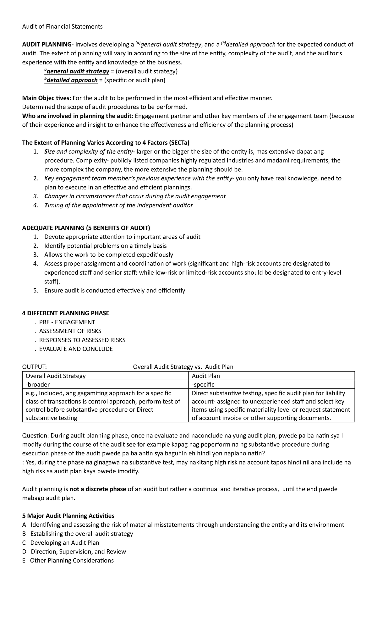 Audit Planning notes - jaojdpdodo - Audit of Financial Statements AUDIT ...