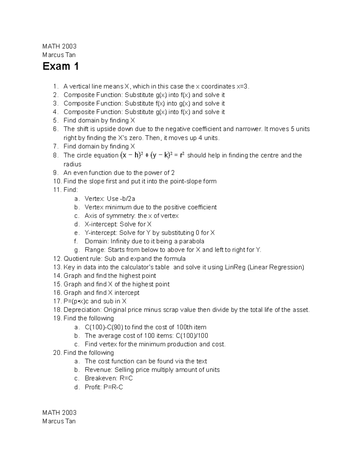 Actual Precalc Exam 1-3 - MATH 2003 Marcus Tan Exam 1 A vertical line ...