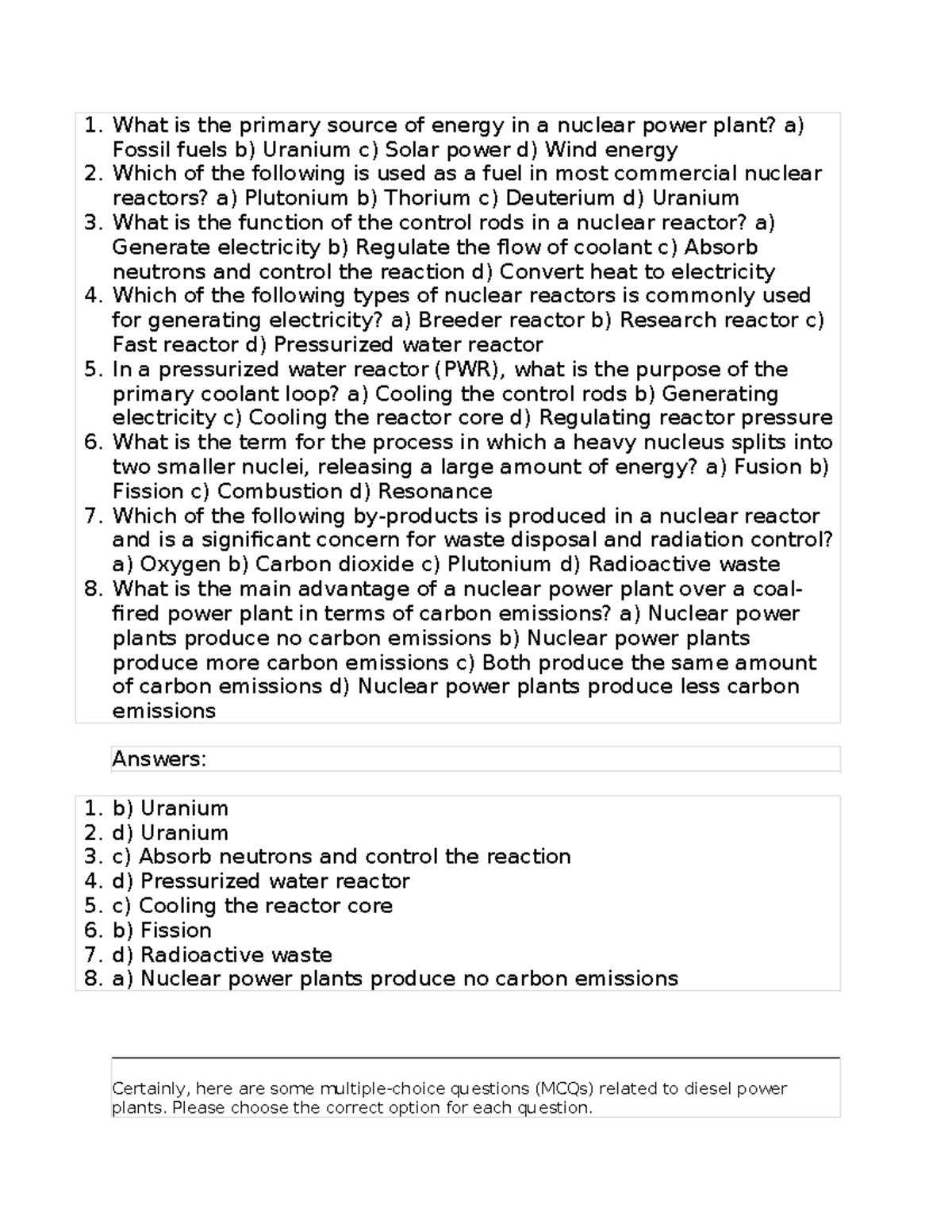 MCQ - 1. What is the primary source of energy in a nuclear power plant ...