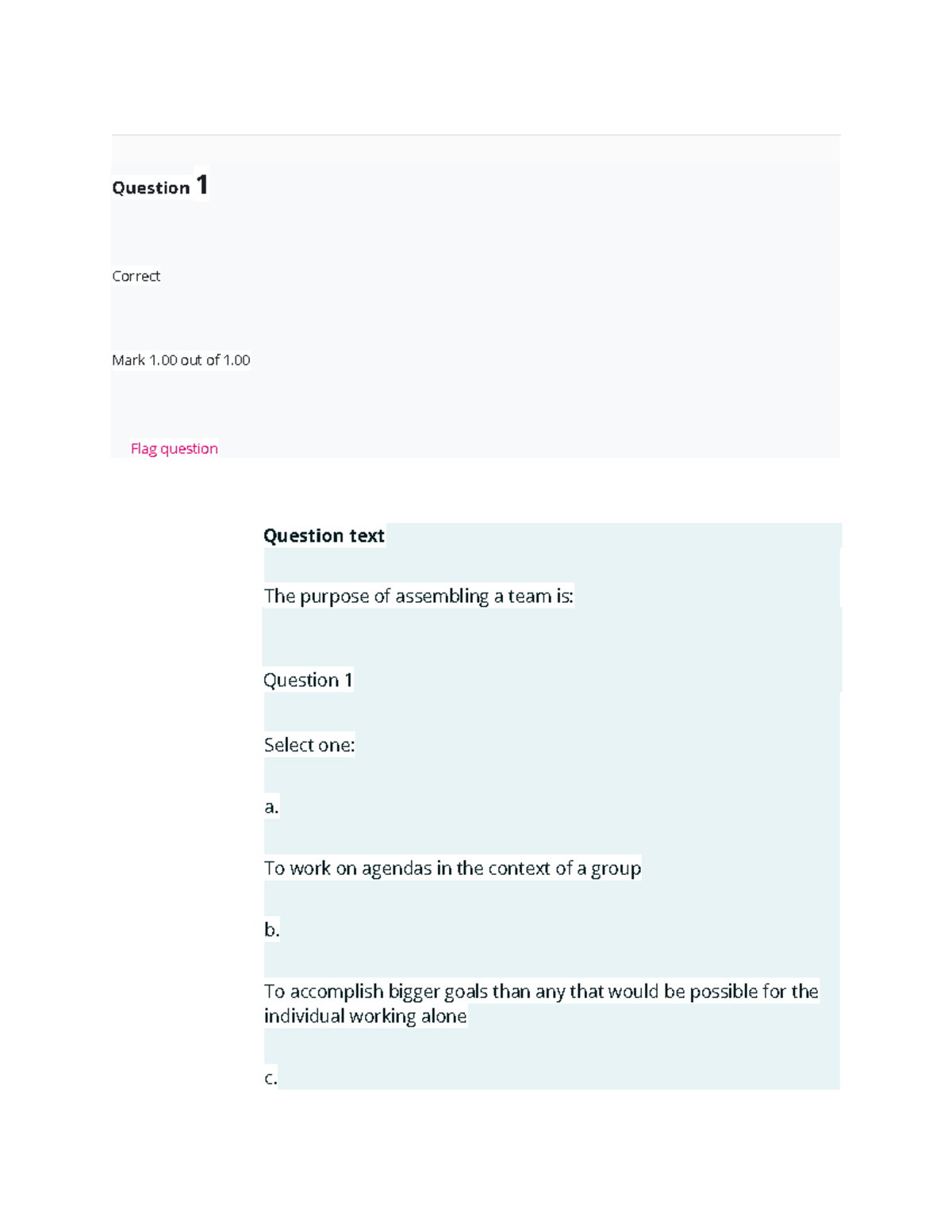 BUS 1101 self quiz practice Unit 1 - Question 1 Correct Mark 1 out of 1 ...