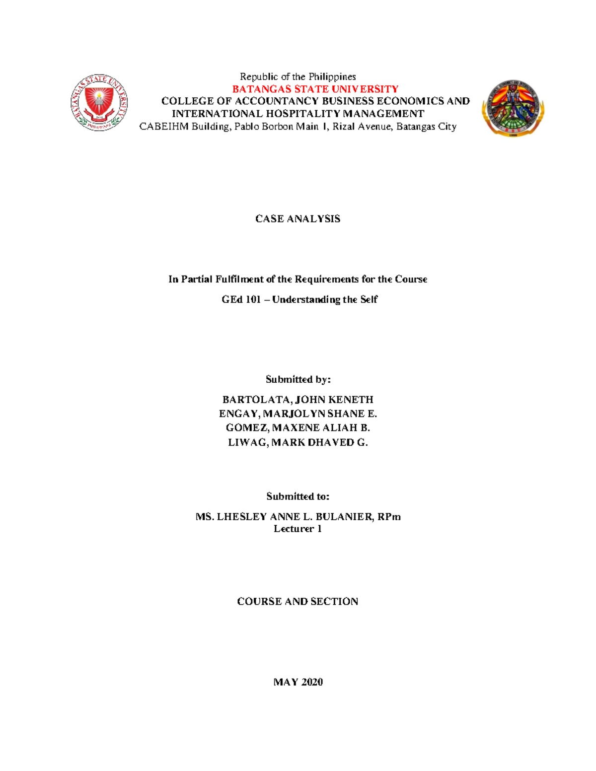 Case Analysis on UTS - Republic of the Philippines BATANGAS STATE UNIVERSITY COLLEGE OF ...