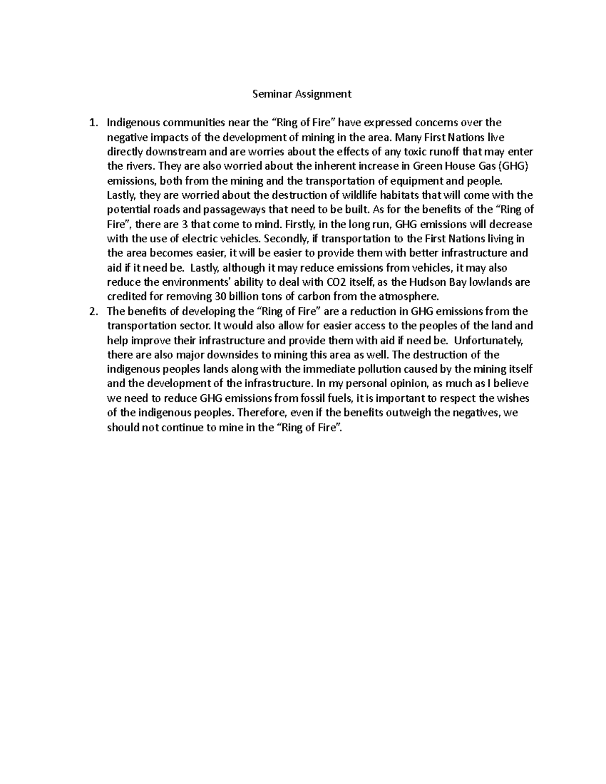 Seminar assignment - Seminar Assignment Indigenous communities near the ...