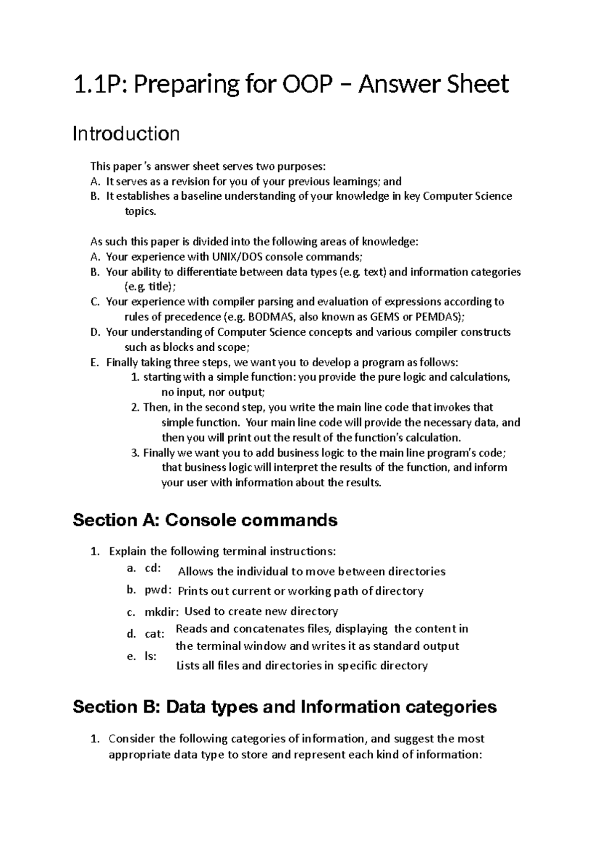 1.1P - Preparing for OOP Answer Sheet 24HS2 - 1: Preparing for OOP ...