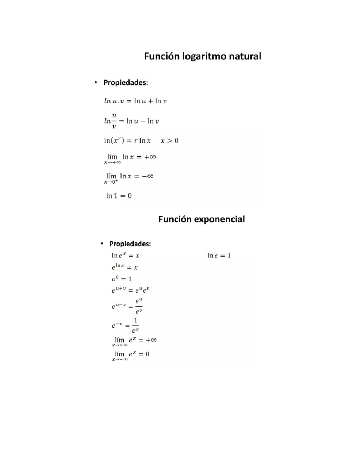 David formulas - Función logaritmo natural Propiedades: lim lim In a ...