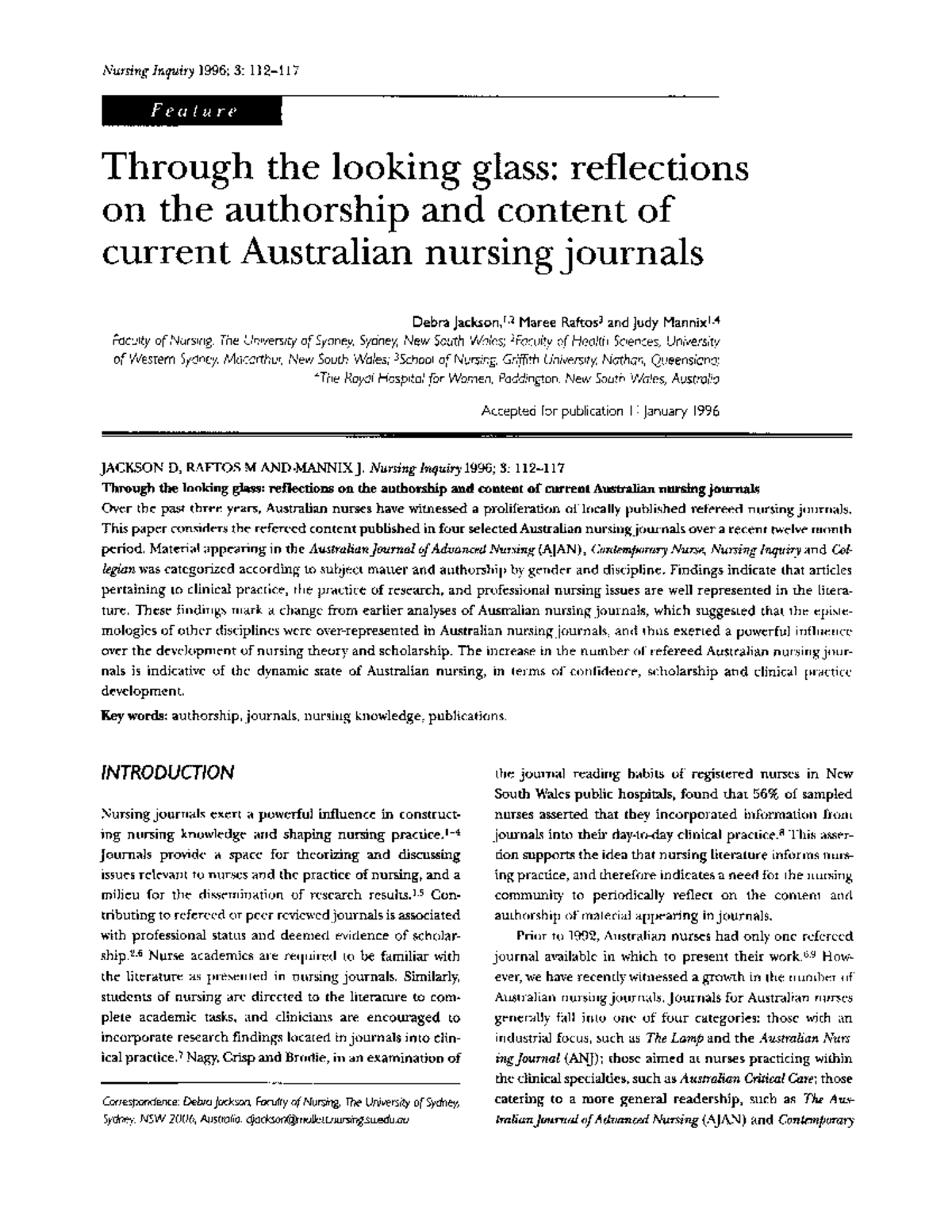 Through the looking glass reflections on - Nursing Inquiry ...