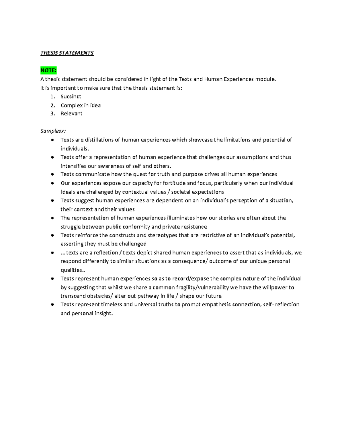 Billy Elliot Notes - THESIS STATEMENTS NOTE: A thesis statement should ...