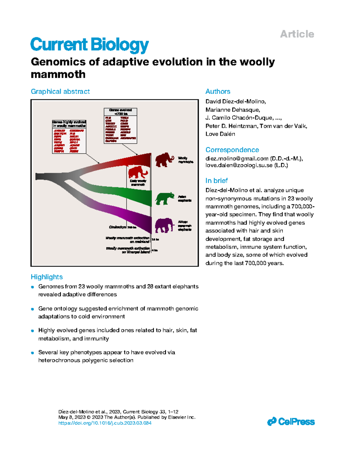 4 Genome Mammouth - Article Genomics of adaptive evolution in the ...