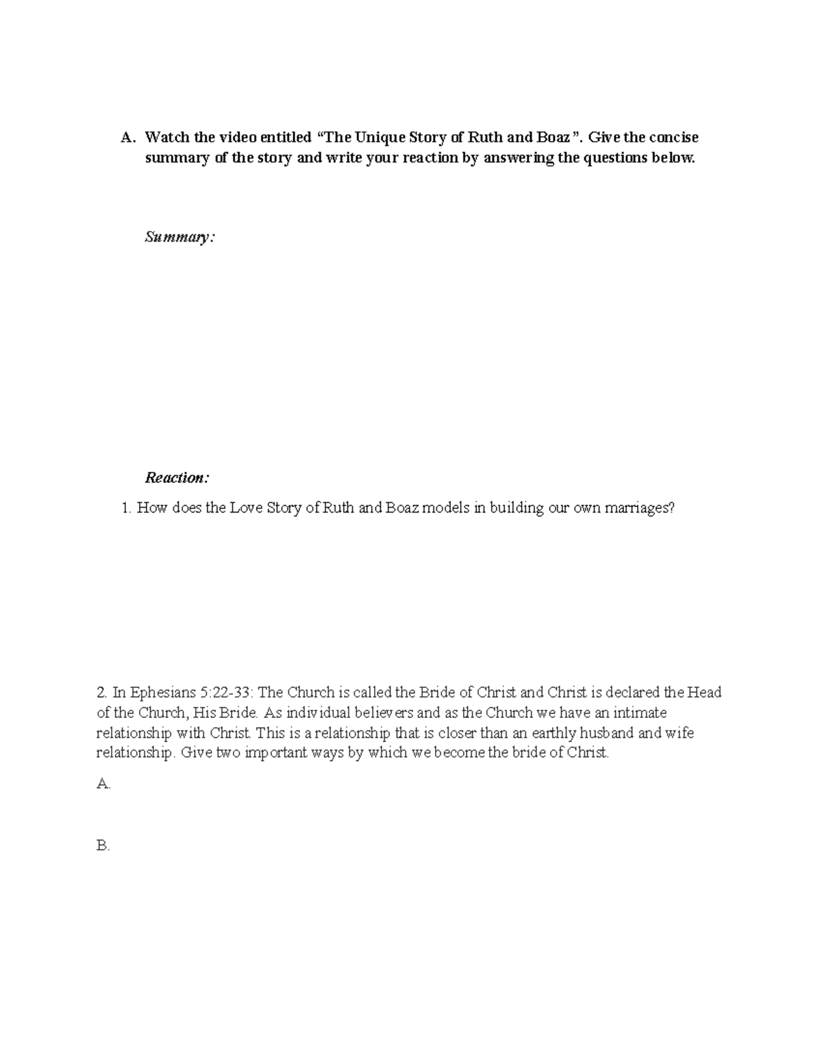 Seatwork - none - A. Watch the video entitled “The Unique Story of Ruth ...