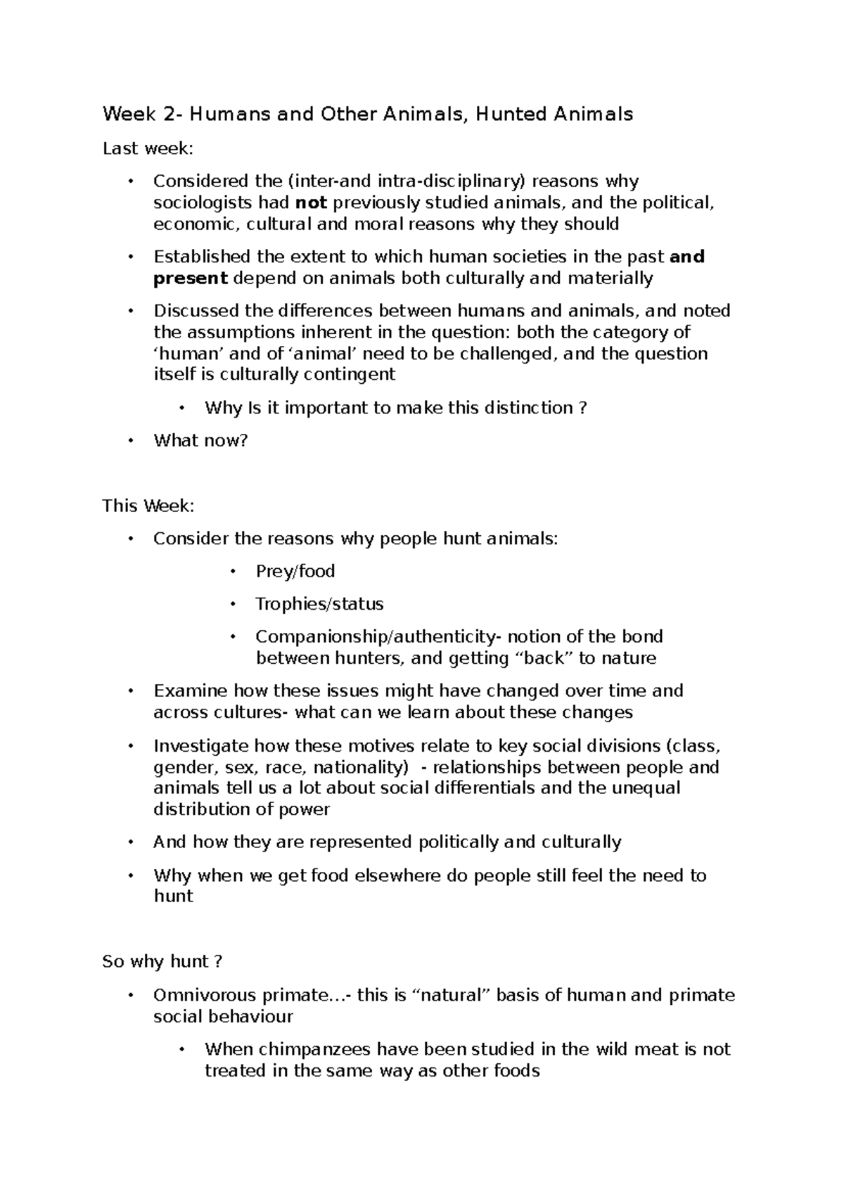 Week 2 Lecture Notes - Week 2- Humans and Other Animals, Hunted Animals ...