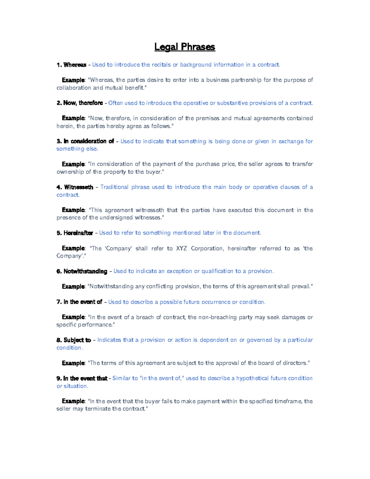 Phrases 100 - Legal Phrases Whereas - Used to introduce the recitals or ...