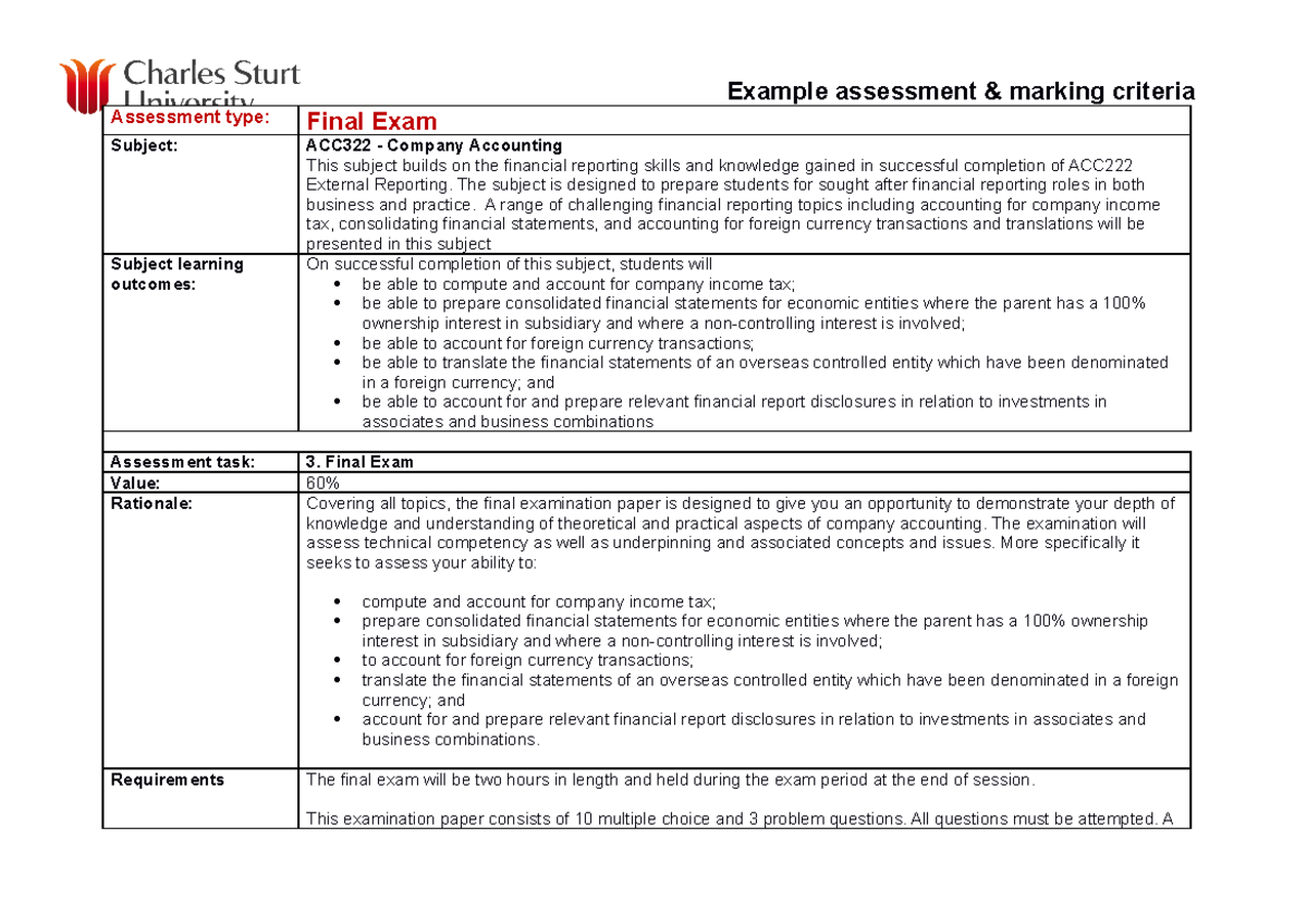 Exam MCQ and Problem Questions ACC322 - Example assessment & marking ...