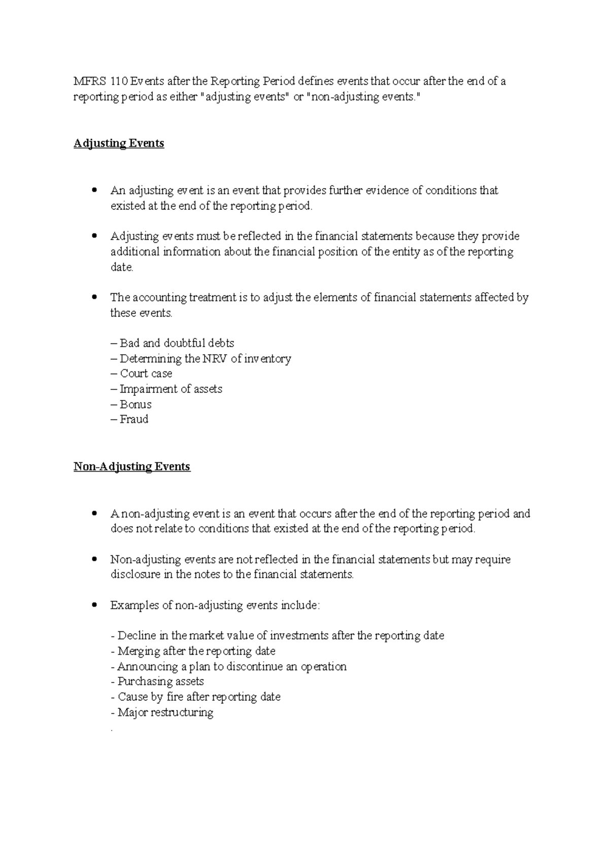 ACC3209 Event after reporting period - MFRS 110 Events after the ...