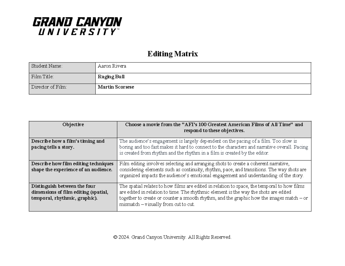 DFP 101 RS Editing Matrix - Editing Matrix Student Name: Aaron Rivera Film Title: Raging Bull ...